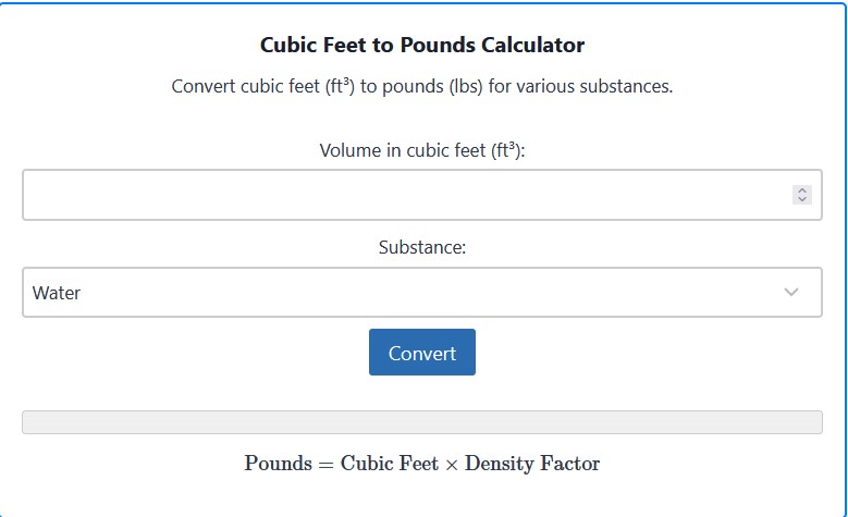 Cubic Feet to Pounds Calculator - Convert Cubic Feet to Pounds