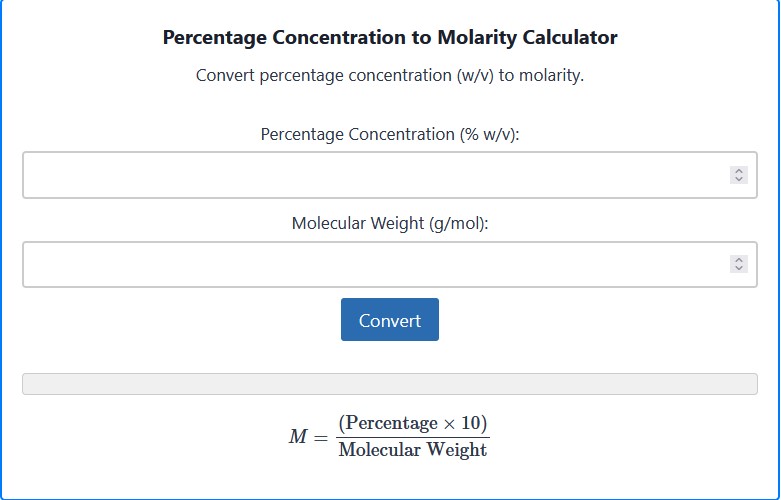 Percentage Concentration to Molarity Calculator