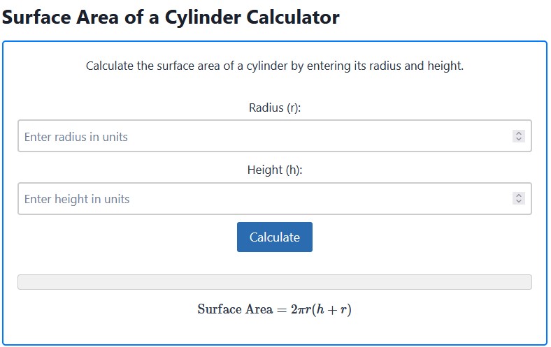 Surface Area of a Cylinder Calculator > Formula > Examples