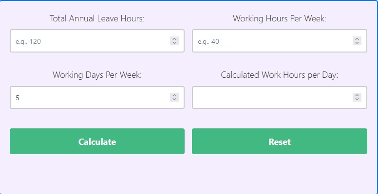 Annual Leave Hours to Days Calculator From Working Hours Per Week and Days
