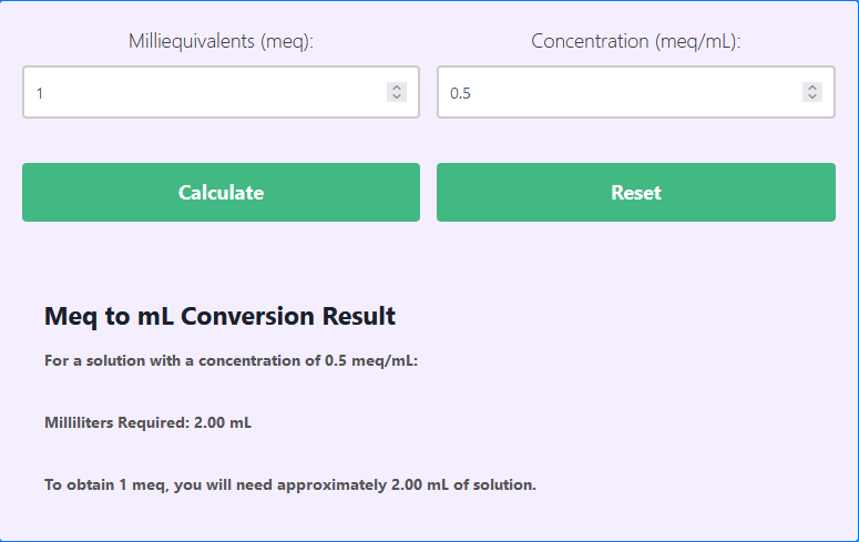 Meq To Ml Calculator